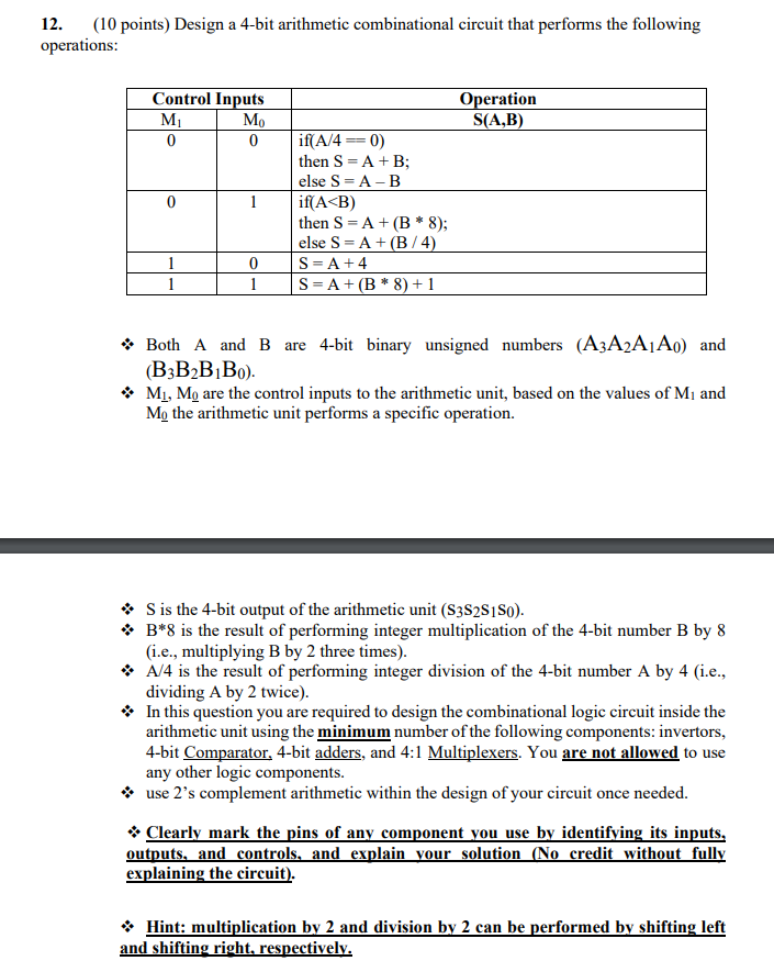 12. (10 points) Design a 4-bit arithmetic | Chegg.com
