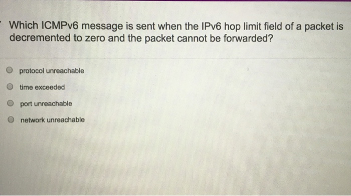Solved Which ICMPv6 message is sent when the IPv6 hop limit | Chegg.com