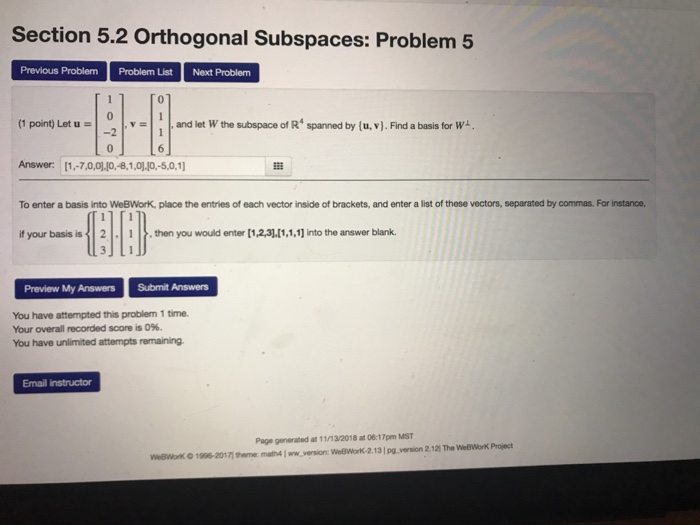 Solved Section 5.2 Orthogonal Subspaces: Problem 4 Previous | Chegg.com