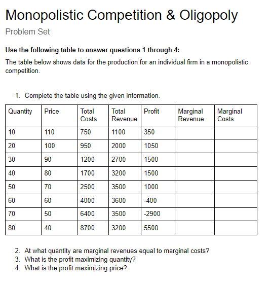 Solved Monopolistic Competition & Oligopoly Problem Set Use | Chegg.com