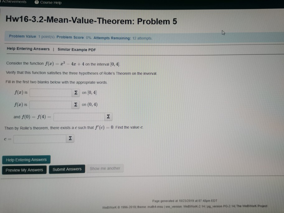 Solved Achievements Course Help Hw16-3.2-Mean-Value-Theorem | Chegg.com