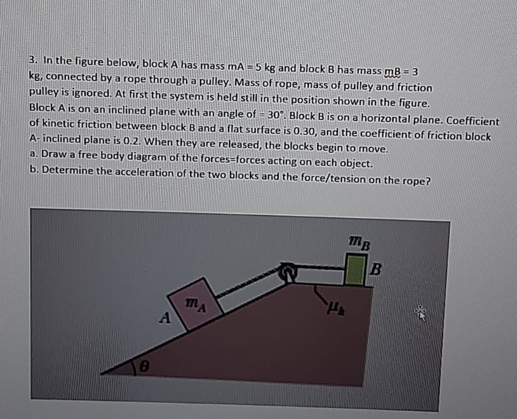 Solved 3. In the figure below, block A has mass mA = 5 kg | Chegg.com