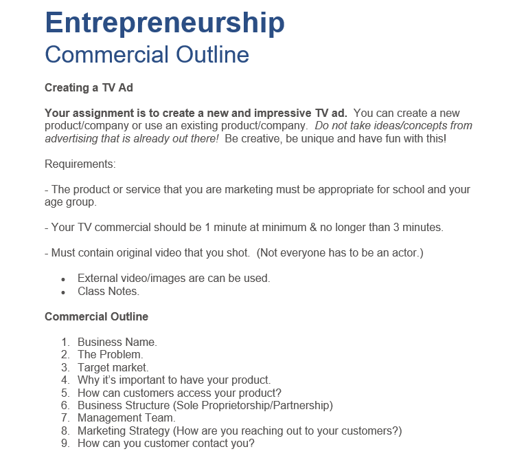 Entrepreneurship Commercial Outline Creating a TV Ad | Chegg.com