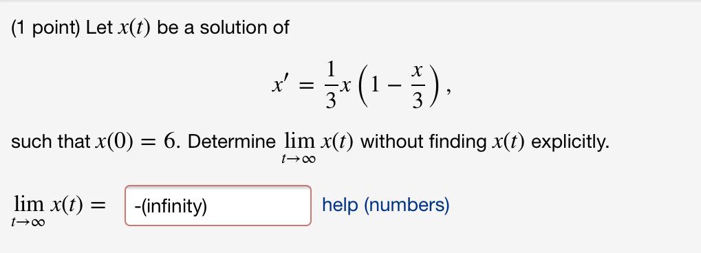 Solved (1 point) Let x(t) be a solution of x' = - such that | Chegg.com