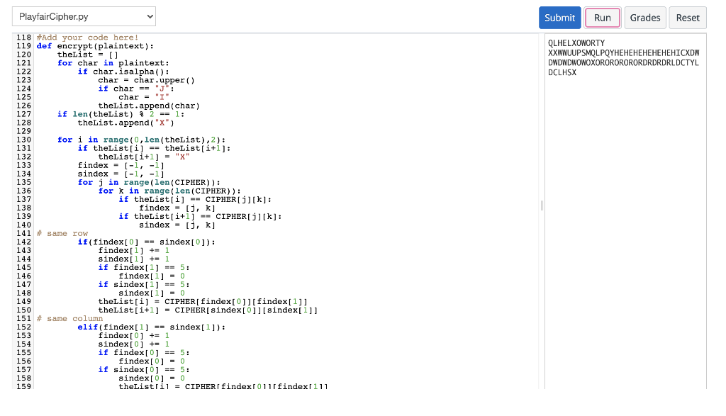 Solved PlayfairCipher.py Submit Run Grades Reset QLHEL | Chegg.com