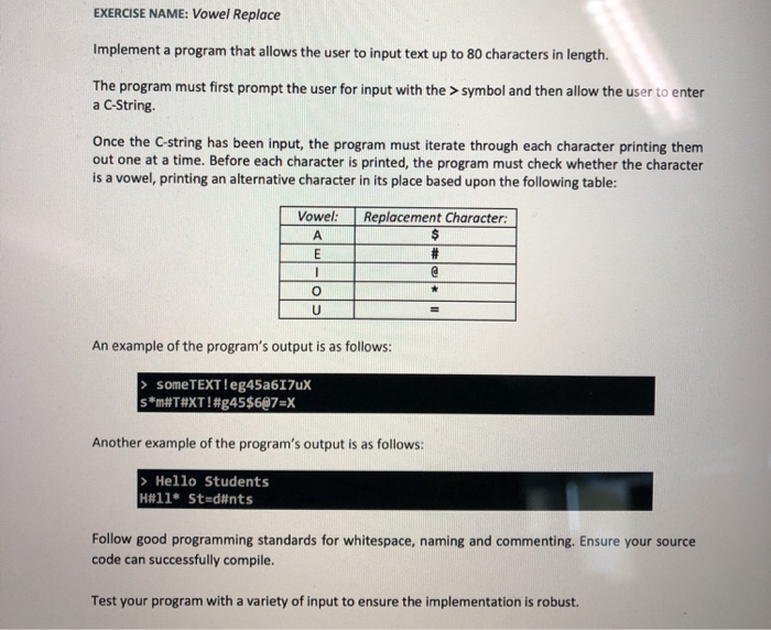 Solved EXERCISE NAME: Vowel Replace Implement a program that | Chegg.com