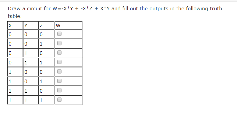 Solved Draw a circuit for W=-X*Y + -X*Z + X*Y and fill out | Chegg.com