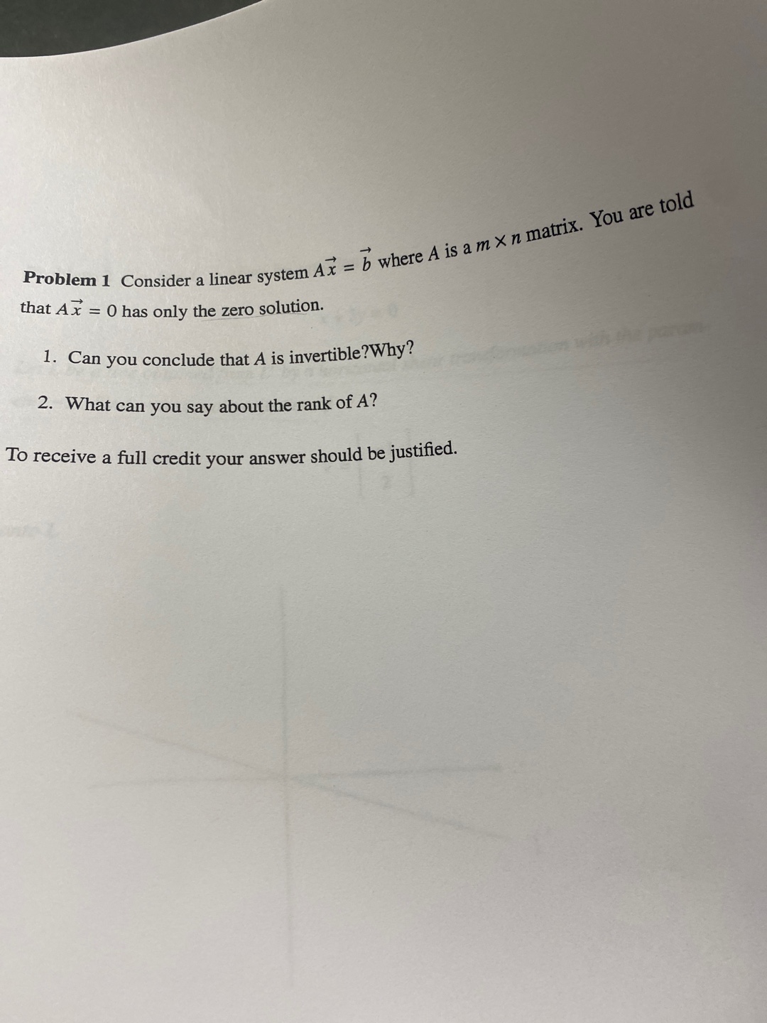 Solved Problem 1 Consider a linear system Ax=b where A is a | Chegg.com