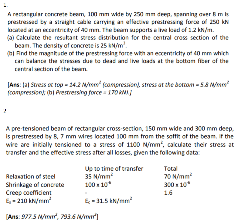 Solved 1. A rectangular concrete beam, 100 mm wide by 250 mm | Chegg.com