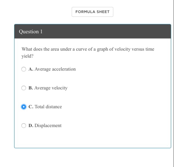 Solved FORMULA SHEET Question 1 What does the area under a | Chegg.com