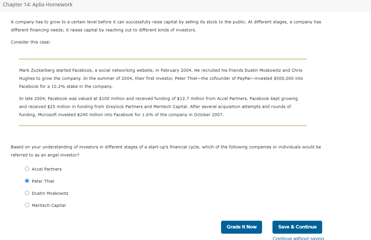Chapter 14: Aplia Homework 1. Financing a start-up | Chegg.com