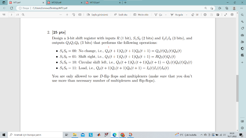 Solved 2. [25pts] Design a 3-bit shift register with inputs | Chegg.com