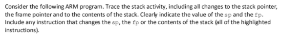 Consider the following ARM program. Trace the stack | Chegg.com