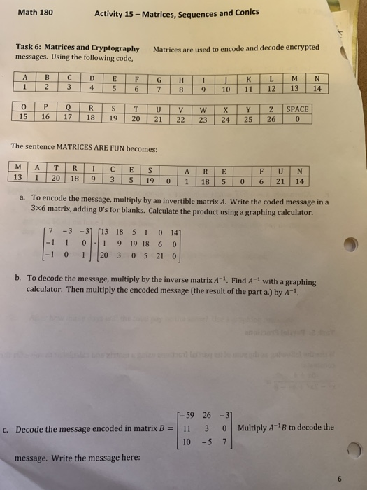Solved Activity 15 - Matrices, Sequences and Conics Math 180 | Chegg.com