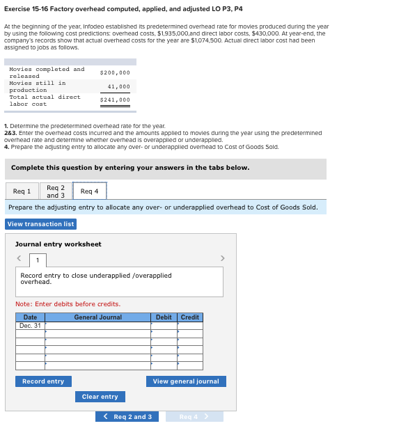 Solved Exercise 15-16 Factory overhead computed, applied, | Chegg.com