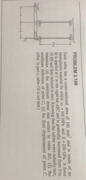 Solved APROBLEM 2.109 Each cable has a cross-sectional area | Chegg.com