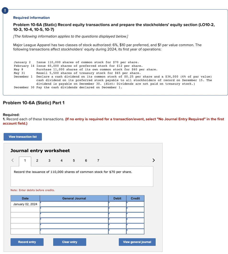 Solved Required information Problem 10-6A (Static) Record | Chegg.com