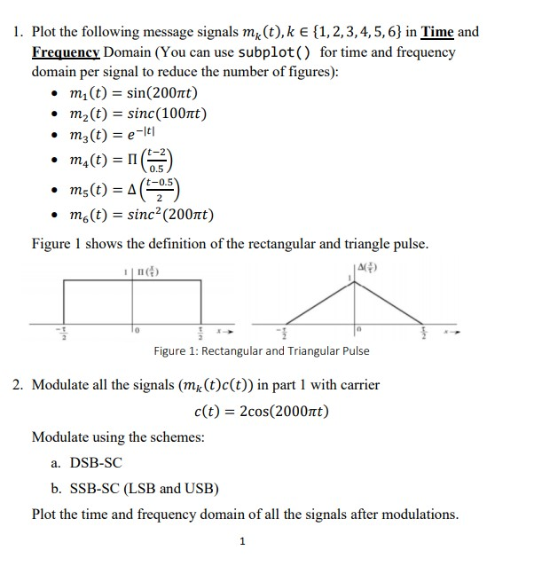 Solved 1 Plot The Following Message Signals Mkt K €
