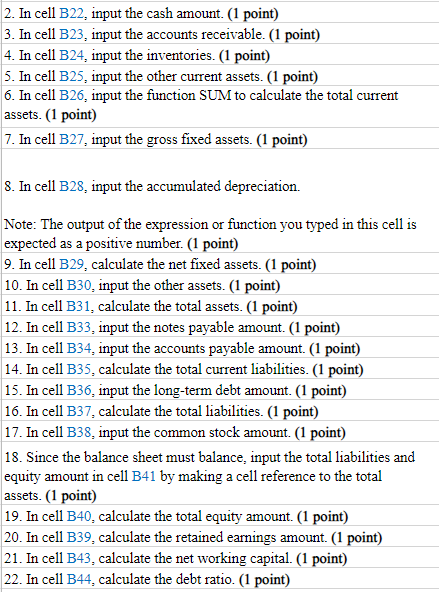 Solved 2. In cell B22, input the cash amount. (1 point) 3. | Chegg.com