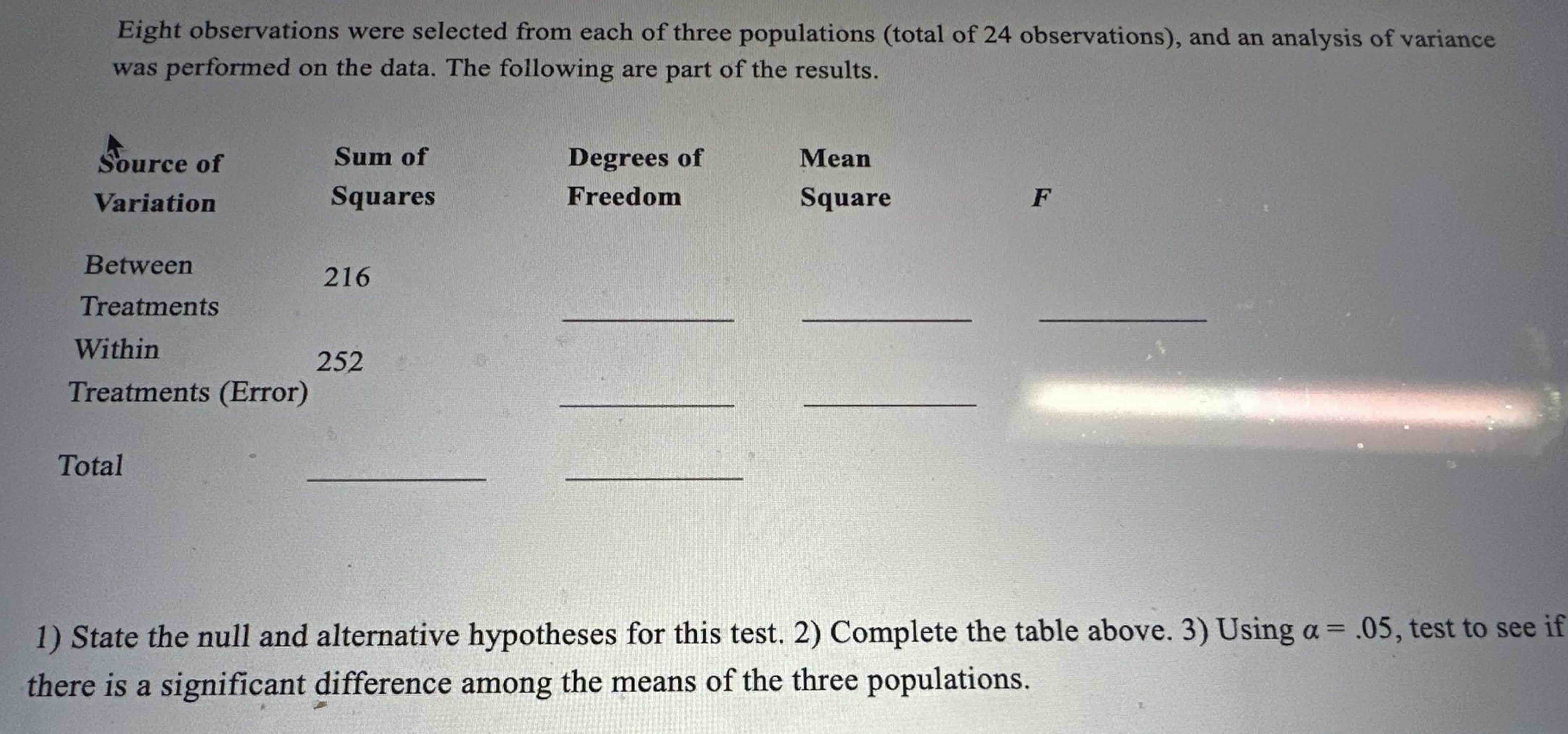 Solved Eight observations were selected from each of three | Chegg.com