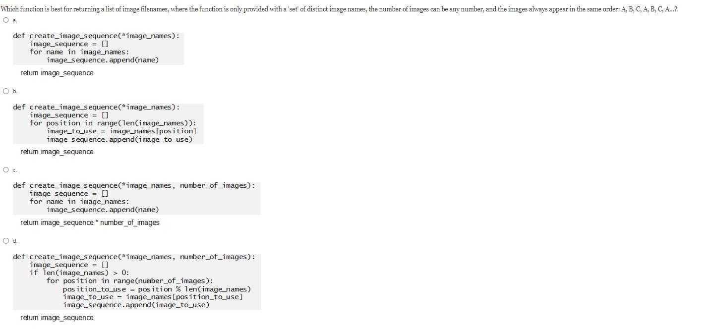 Solved a. def create_image_sequence (*image_names): | Chegg.com