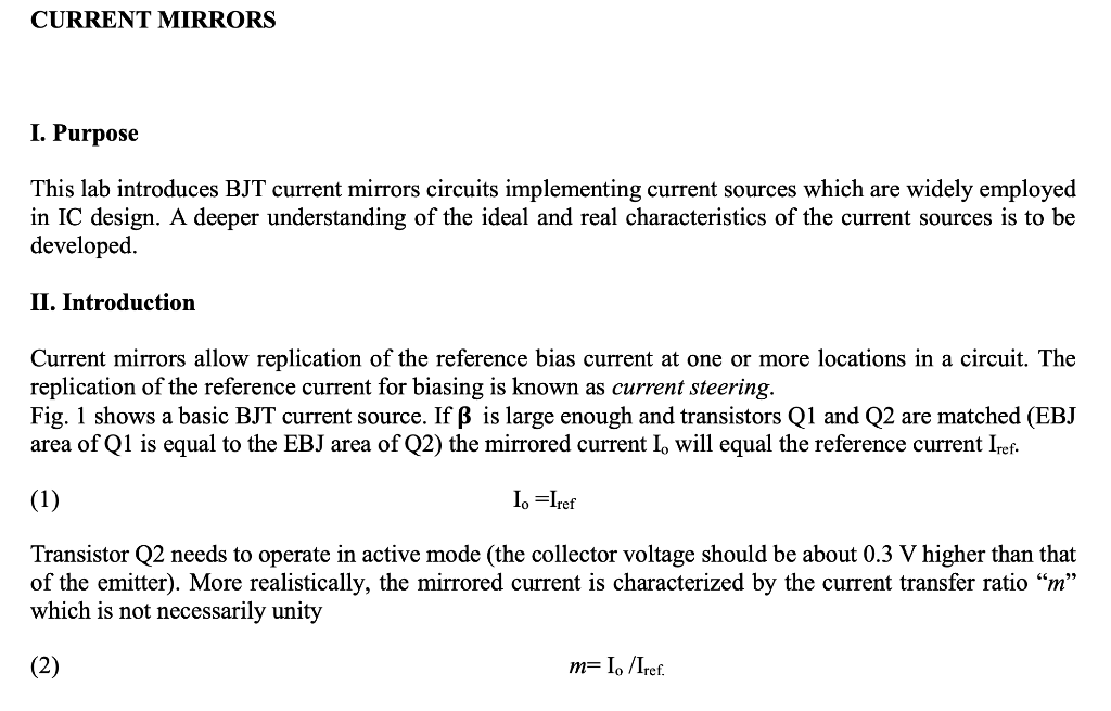 Solved CURRENT MIRRORS I. Purpose This lab introduces BJT | Chegg.com