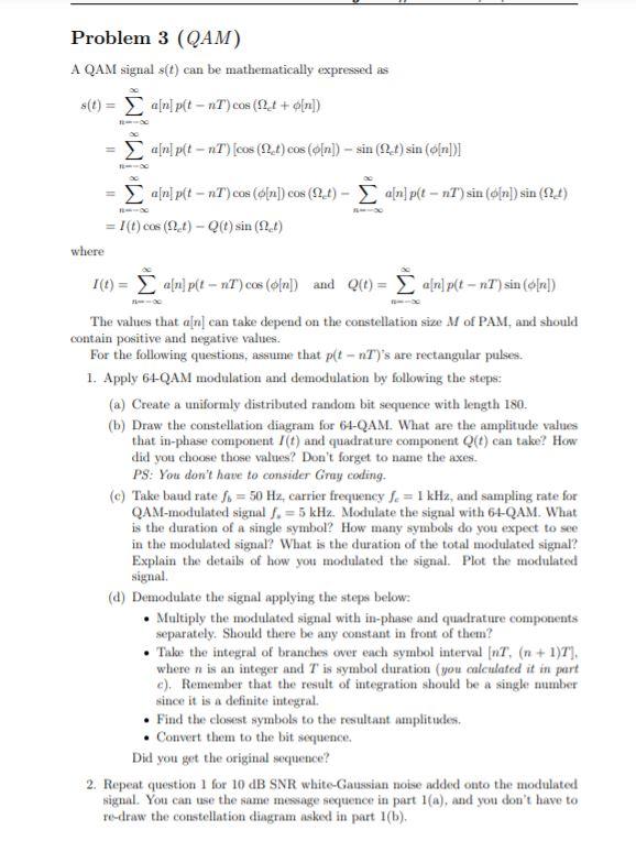 Problem 3 (QAM) A QAM signal s(t) can be | Chegg.com