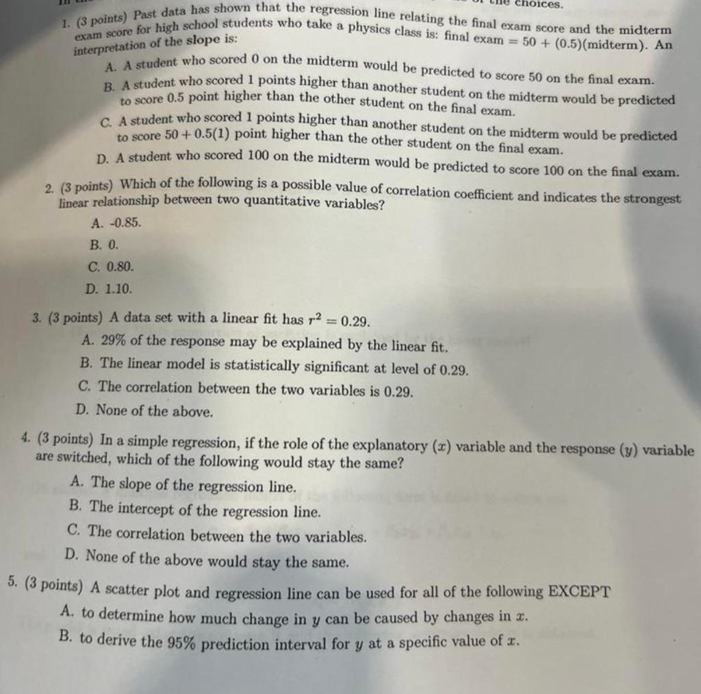 Solved 1. (3 points) Past data has shown that the regression | Chegg.com