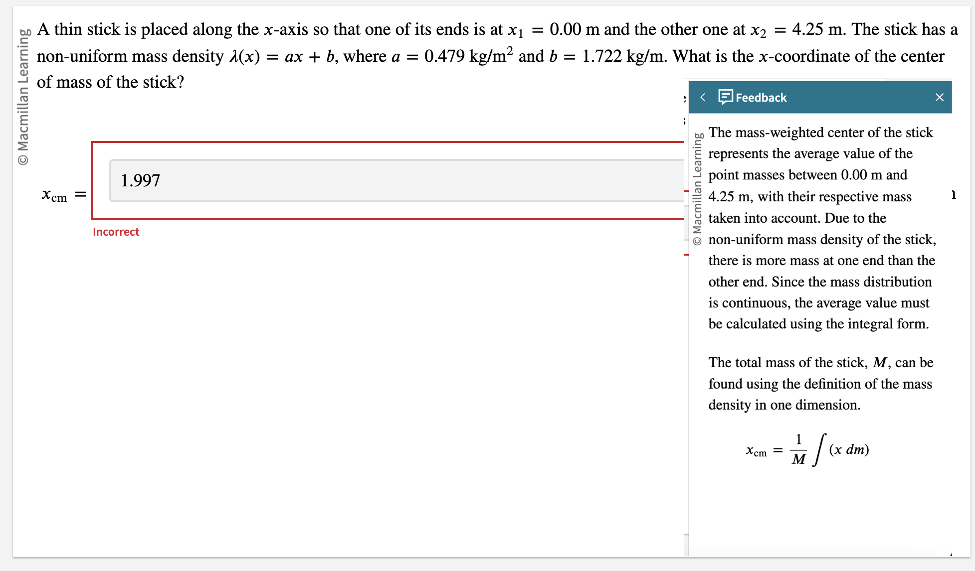 Solved help!!!!!!A thin stick is placed along the 𝑥 ‑axis | Chegg.com