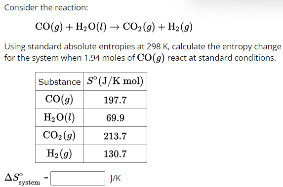 Solved Consider the reaction:CO(g)+H2O(l)→CO2(g)+H2(g)Using | Chegg.com