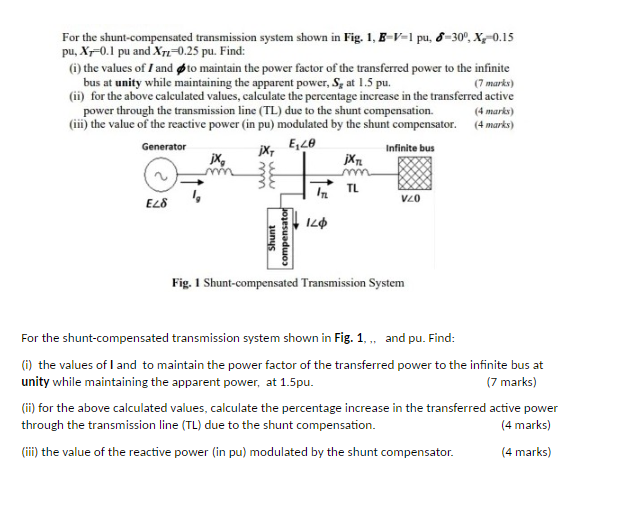 Solved For the shunt-compensated transmission system shown | Chegg.com