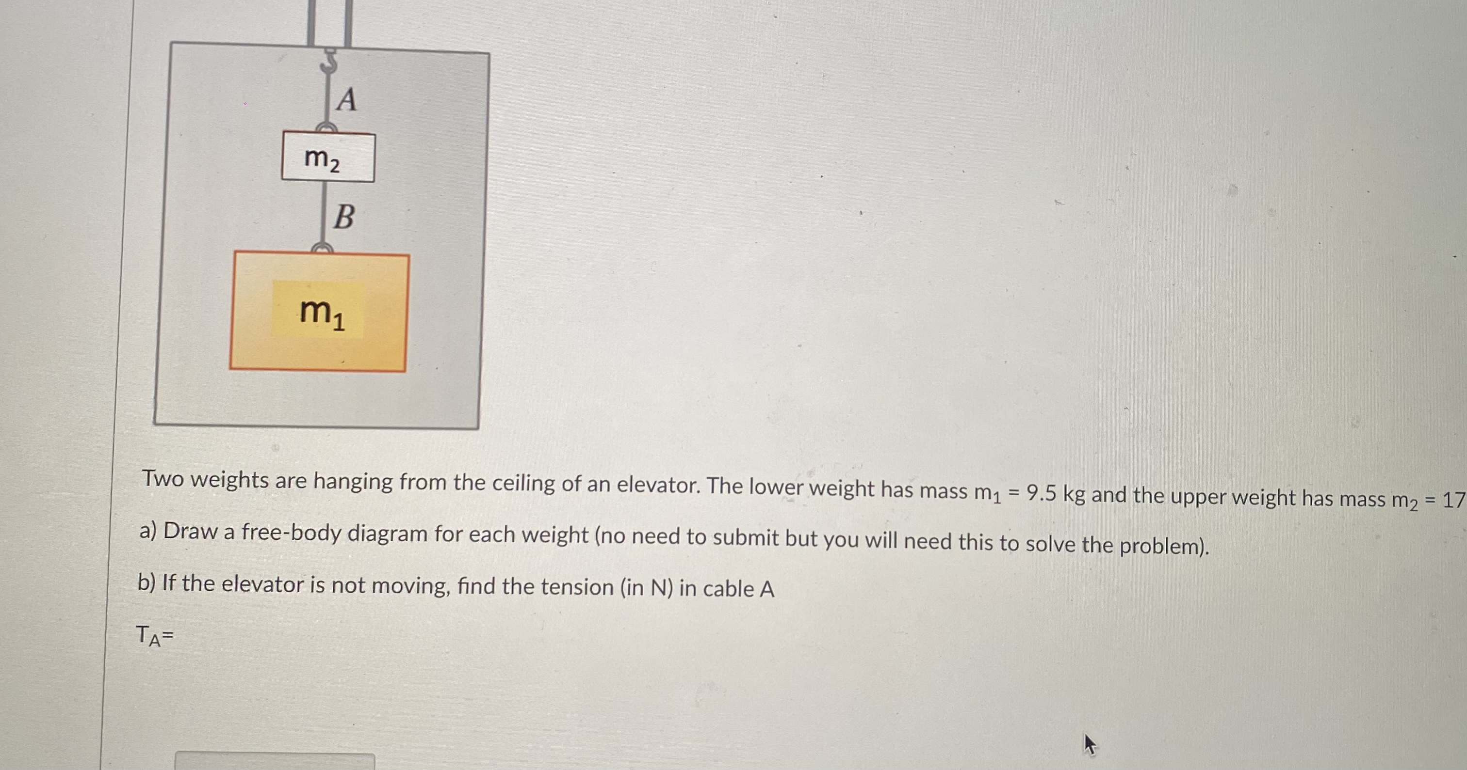 Solved Two weights are hanging from the ceiling of an | Chegg.com