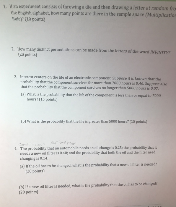 Solved 1. If an experiment consists of throwing a die and | Chegg.com