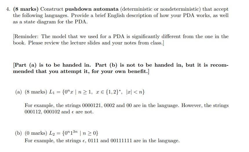 Solved 4. (8 marks) Construct pushdown automata | Chegg.com