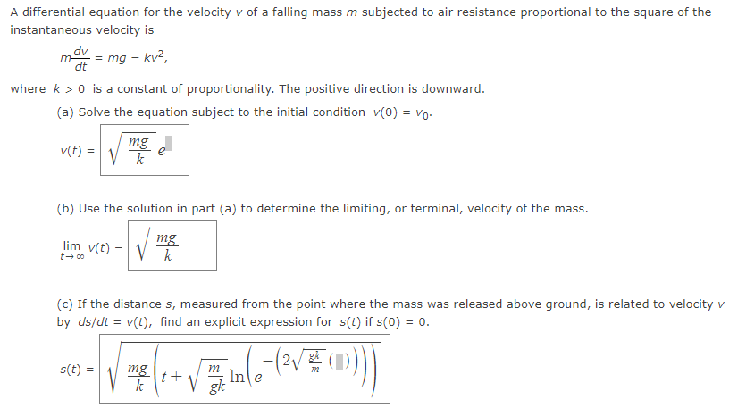 Solved A differential equation for the velocity v of a | Chegg.com