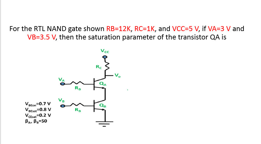 Solved For the RTL NAND gate shown RB=12K, RC=1K, and VCC=5 | Chegg.com