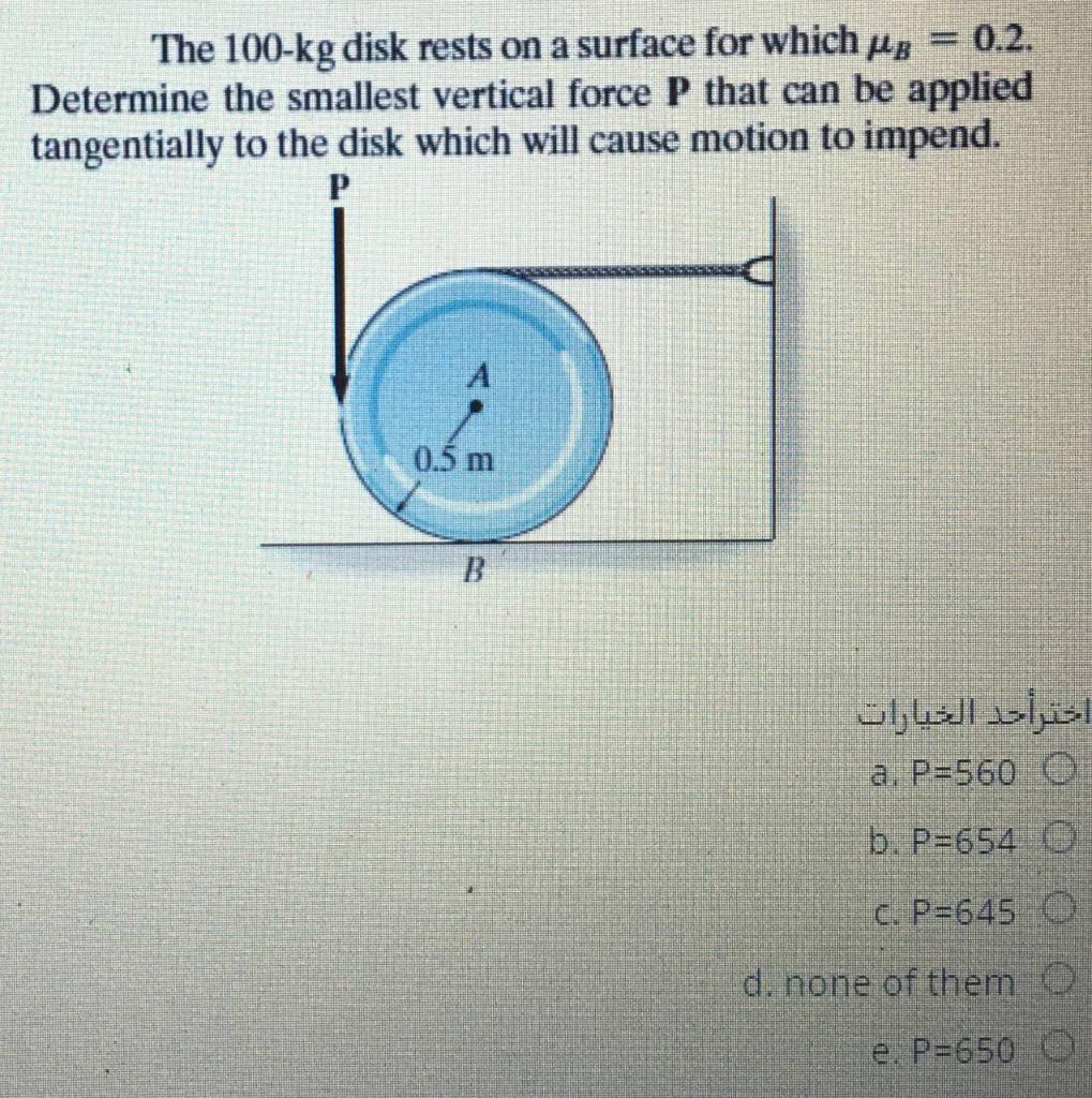 Solved The 100-kg disk rests on a surface for which yg = | Chegg.com