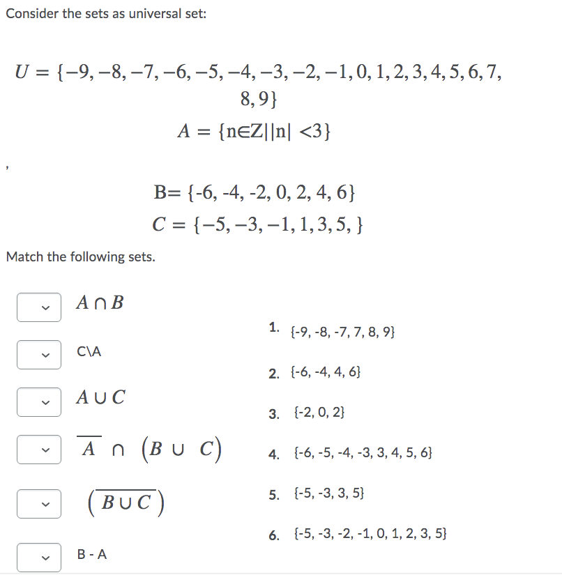 Solved Consider the sets as universal set: U = {-9,-8, -7, | Chegg.com