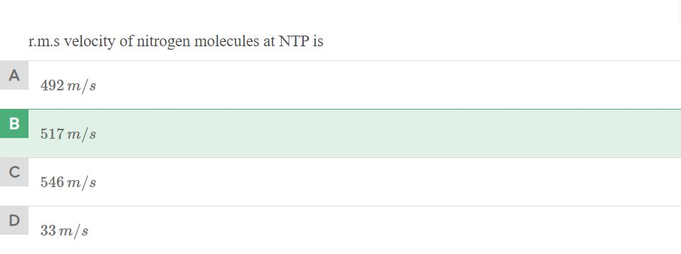 Solved r.m.s velocity of nitrogen molecules at NTP is A 492 | Chegg.com