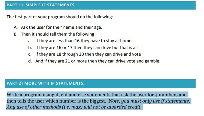 Solved PART 1) SIMPLE IF STATEMENTS. The first part of your | Chegg.com