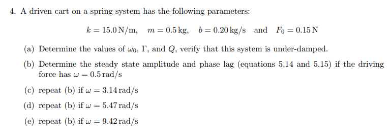 Solved 4. A driven cart on a spring system has the following | Chegg.com