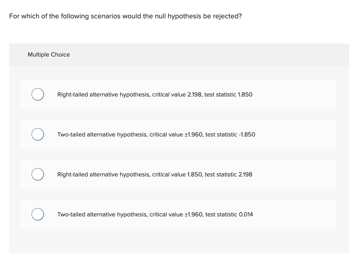 Solved For which of the following scenarios would the null | Chegg.com