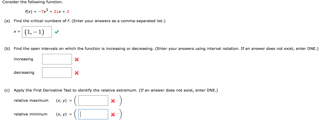 Solved Consider the following function. f(x) = -7x3 + 21x + | Chegg.com