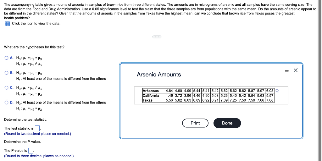 Solved The accompanying table gives amounts of arsenic in | Chegg.com