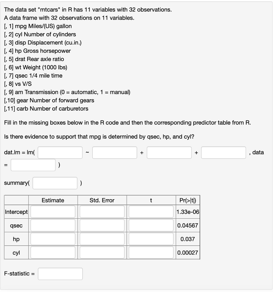 Solved The data set "mtcars" in R has 11 variables with 32 | Chegg.com