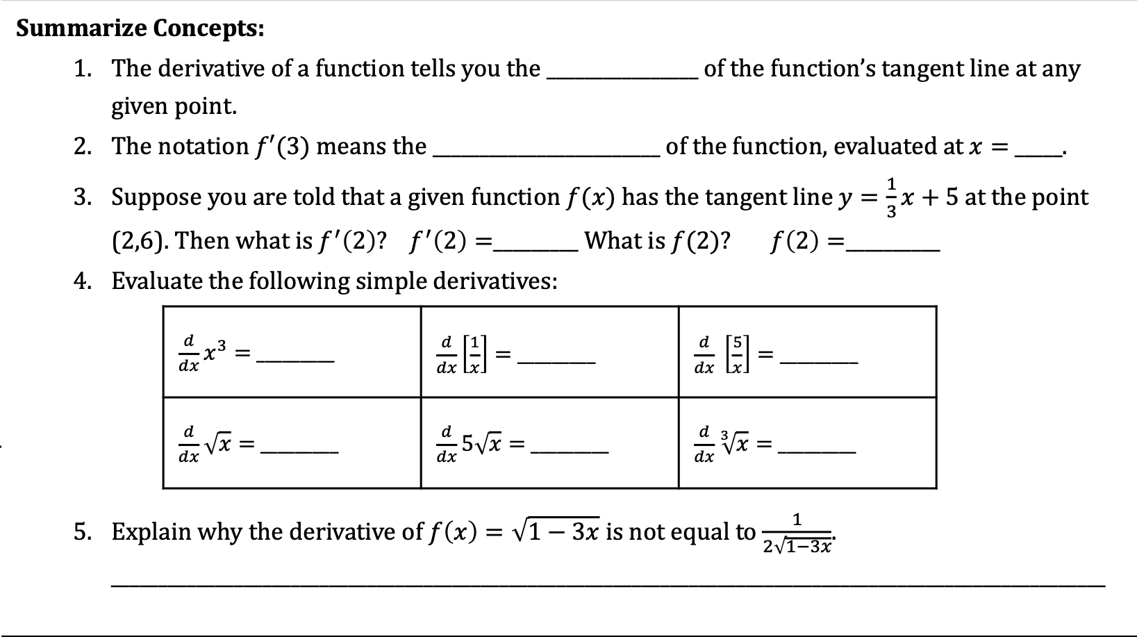 Solved Summarize Concepts: 1. The derivative of a function | Chegg.com