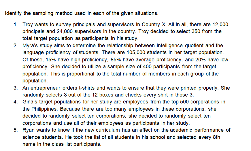 Solved Identify the sampling method used in each of the | Chegg.com