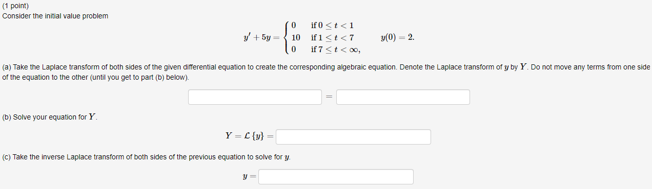 Solved (1 point) Consider the initial value problem y' + 5y | Chegg.com