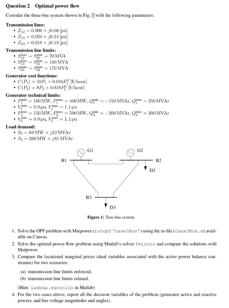 Question 2 Optimal power flow Consider the three-bus | Chegg.com