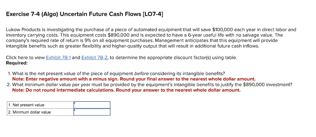 Solved Exercise 7-4 (Algo) Uncertain Future Cash Flows | Chegg.com